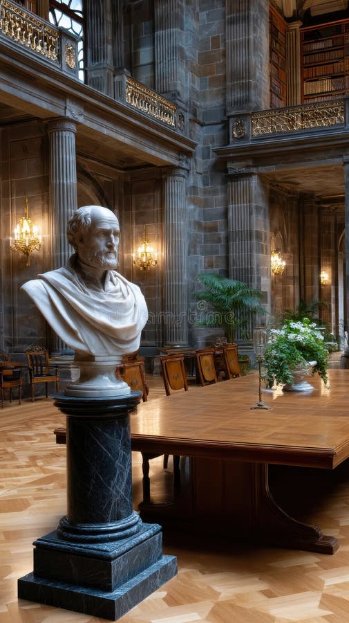 Grand Interior Features Marble Bust, Large Table, Ornate Chandeliers ...