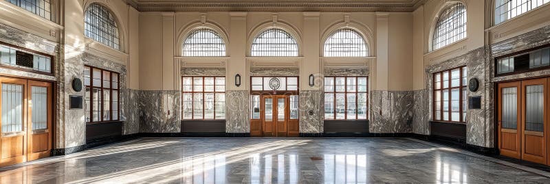 Grand Interior of a Historic Train Station with Arched Windows and ...