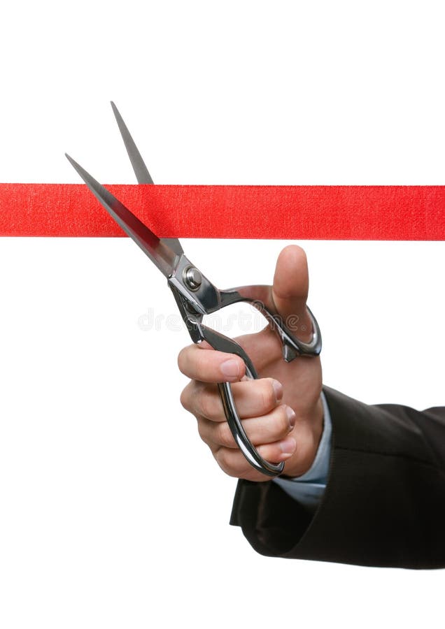 Hand with Scissors Cutting Red Ribbon Stock Image - Image of opening ...