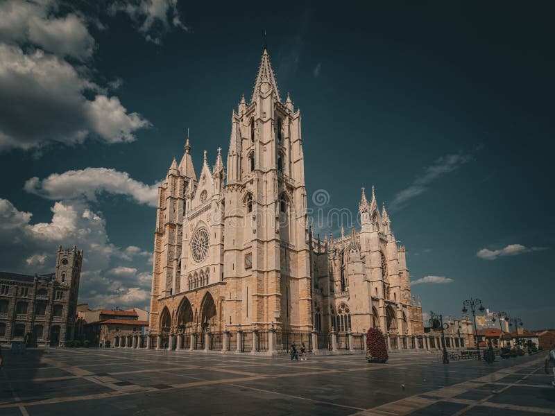 Grand Leon Cathedral with Its Gothic Architecture in Spain. Editorial ...