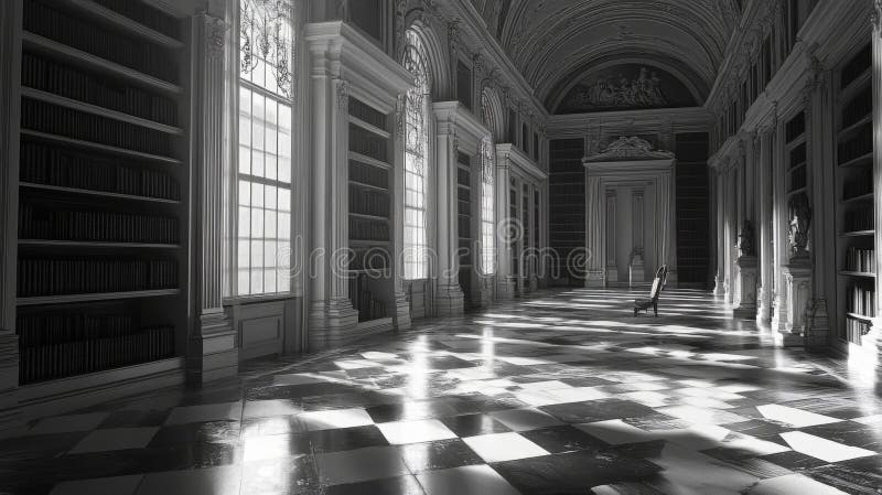 Grand Library in Black and White: a Serene Atmosphere of Classical ...