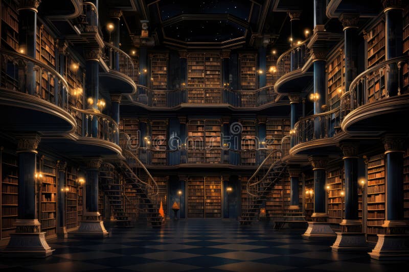 A Grand Library with Endless Shelves Background Stock Illustration ...