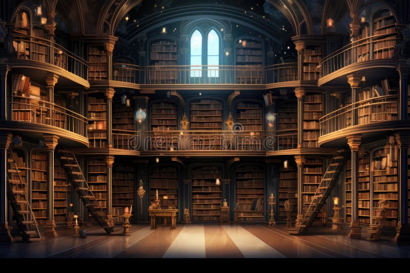 A Grand Library with Endless Shelves Background Stock Illustration ...