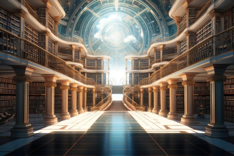 A Grand Library with Endless Shelves Panoramic Background Generative Ai ...