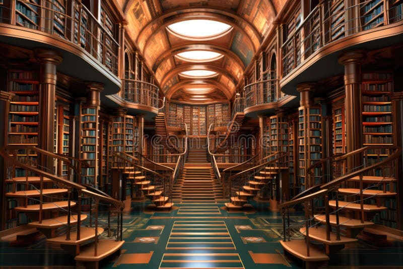 A Grand Library with Endless Shelves Panoramic Background Stock ...