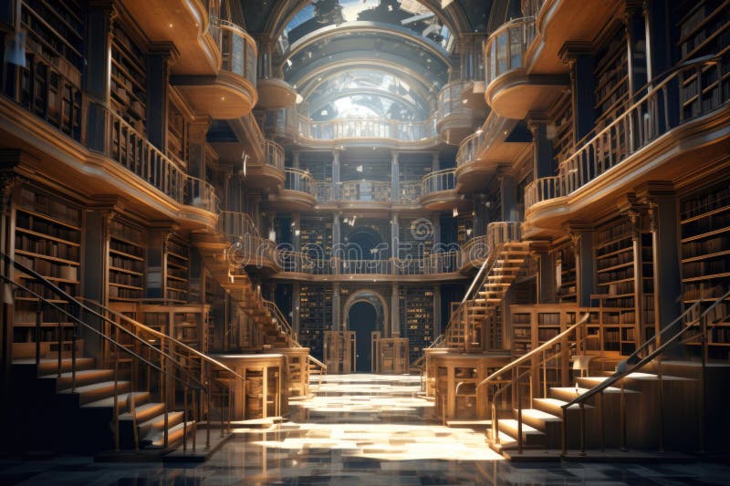 A Grand Library with Endless Shelves Panoramic Background Stock ...