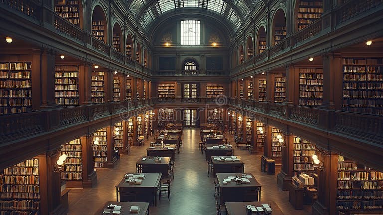 Grand Library Interior, High Ceilings, Rows of Bookshelves Stock Image ...