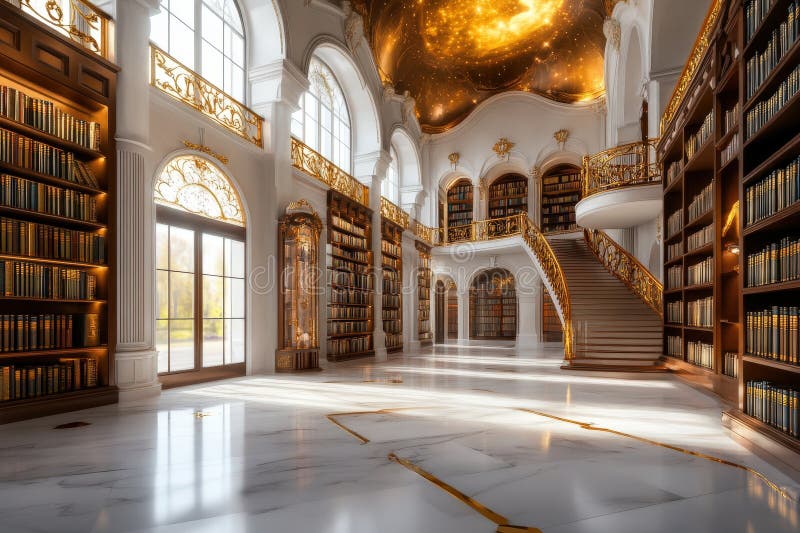 Grand Library Interior with Marble Floors and Ornate Ceiling Stock ...