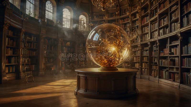 Grand Library Interior with Mysterious Globe Centerpiece Stock ...