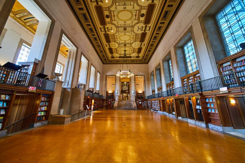 Grand Library Interior, Ornate Ceiling, Reflection on Polished Floor ...