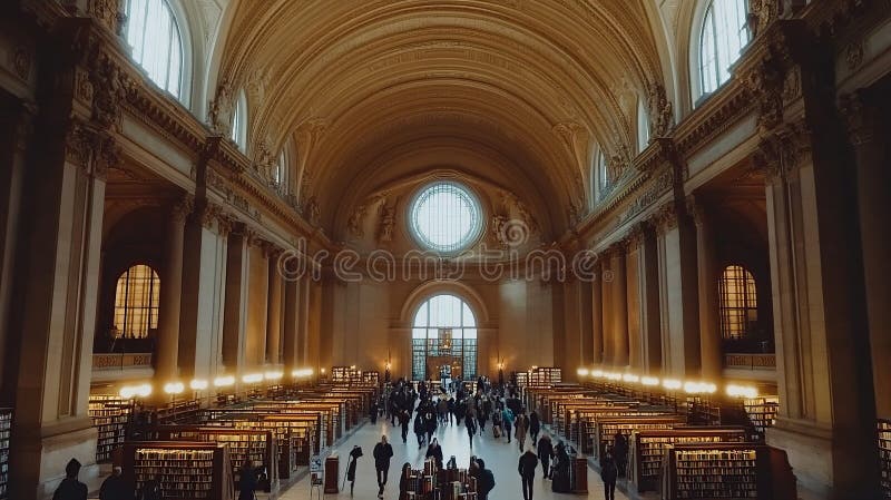 Grand Library Interior, People Reading, Studying, Sunlight Stock Photo ...