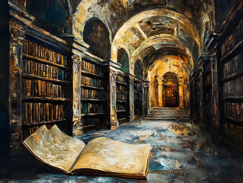 A Grand Library with an Open Book, Showcasing an Inviting Atmosphere ...