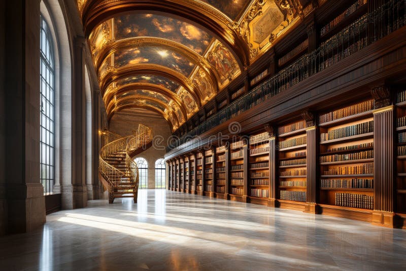 Grand Library with Ornate Ceiling and Spiral Staircase Illuminated by ...