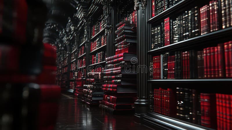 Grand Library: Red & Black Bookshelves Stock Illustration ...