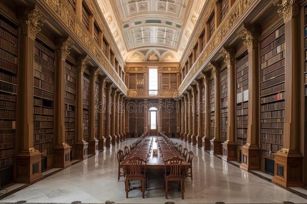 Grand Library, with Rows of Bookshelves and Stately Columns Stock ...