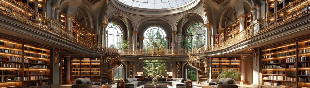 Grand Library with a Spiral Staircase and Domed Ceiling3D Render Stock Illustration ...