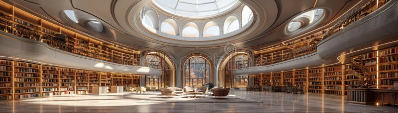 Grand Library with a Spiral Staircase and Domed Ceiling3D Render Stock ...