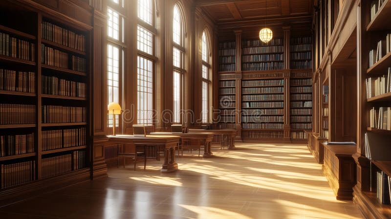 A Grand Library with Tall Bookshelves and Sunlight Streaming through ...