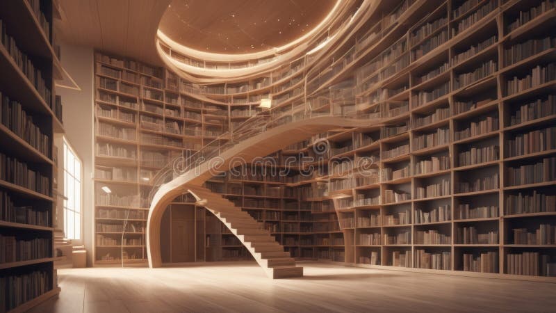 A Grand Library with Towering Bookshelves and a Curved Staircase Stock ...