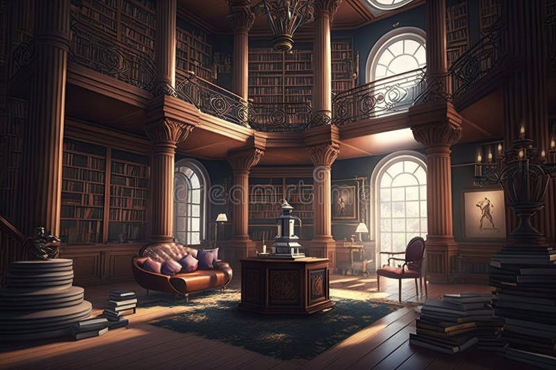 Grand Library with Towering Bookshelves and Reading Nooks Stock ...