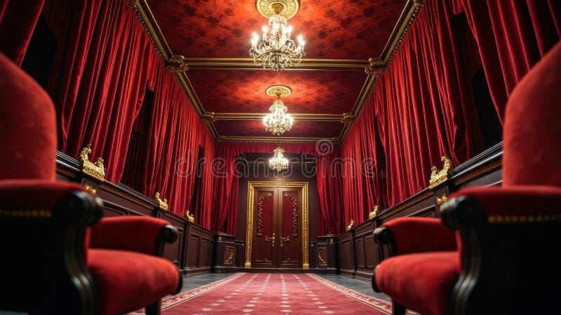Grand Luxurious Red Hallway with Chandeliers and Ornate Wooden Doors ...