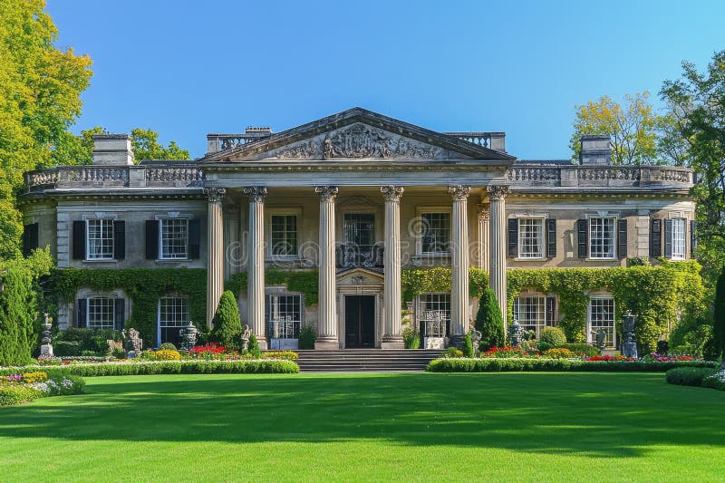 A Grand Mansion with Classical Architecture, Lush Gardens, and a Clear ...