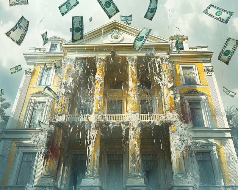 Crumbling Mansion with Falling Dollar Bills Stock Illustration ...