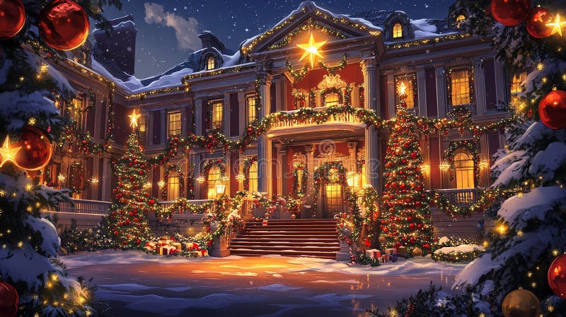 Grand Mansion Decorated for Christmas with Lights and Garlands Stock ...