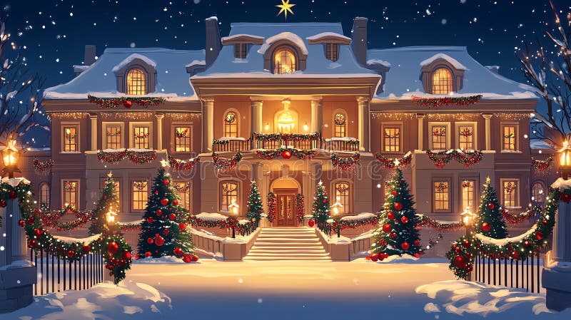Grand Mansion Decorated for Christmas with Lights and Garlands Stock ...
