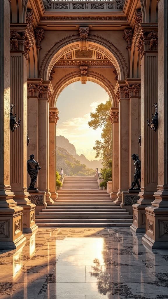 Grand Marble Archway with Statues and Stairs at Sunset Stock Image ...