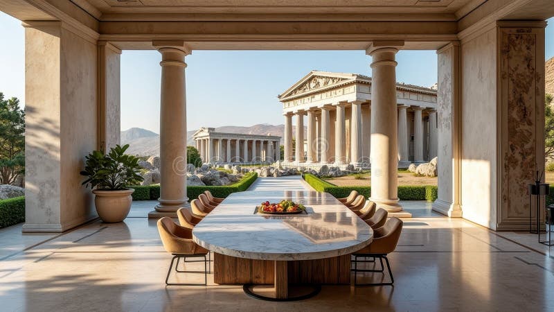 Grand Marble Dining Area with View of Ancient Greek Temple and Garden ...