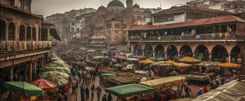 A Grand Marketplace with Bustling Vendors Panoramic Background ...