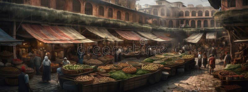 A Grand Marketplace with Bustling Vendors Panoramic Background ...