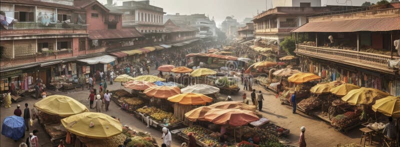 A Grand Marketplace with Bustling Vendors Panoramic Background ...