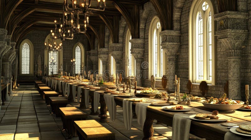 Grand Medieval Banquet Hall with Festive Table Settings Stock Photo ...