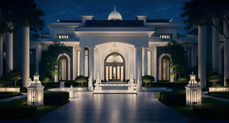 A Grand Modern Mansion with White Columns and Arches Created with ...