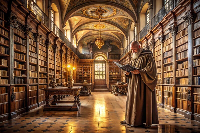 Grand Monastery Library with a Monk in Robes Exploring Sacred Knowledge ...