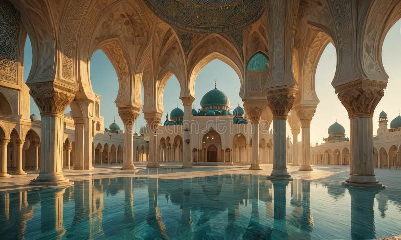Grand Mosque with Central Courtyard and Arched Entryways, Featuring ...