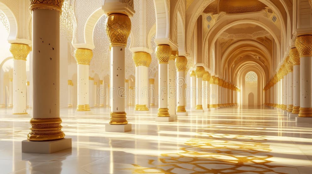 Grand Mosque Hallway with Gold Accented Pillars Stock Illustration ...