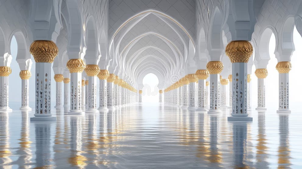 Grand Mosque Hallway Reflecting Water Stock Illustration - Illustration ...
