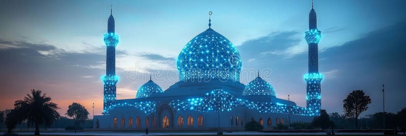 Grand Mosque Illuminated in Blue Network Pattern at Twilight ...