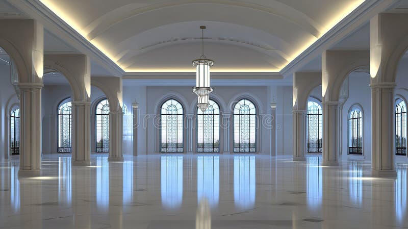 Grand Mosque Interior Marble Floor, Arched Windows, Sunset View, Event ...