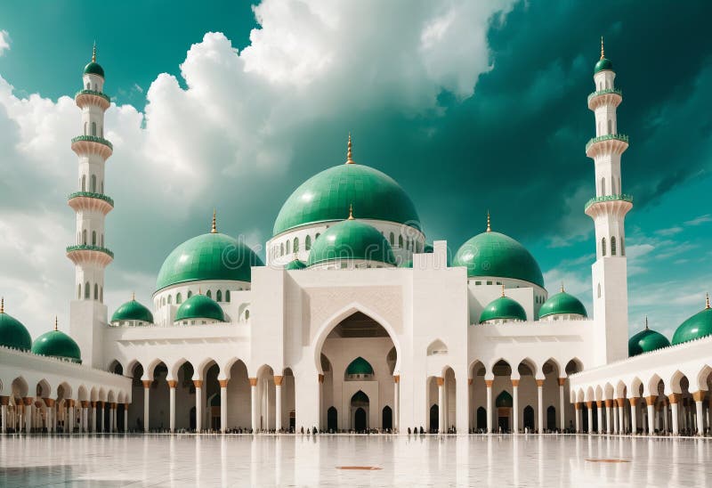 A Grand Mosque with a Large Green Dome Stock Illustration ...