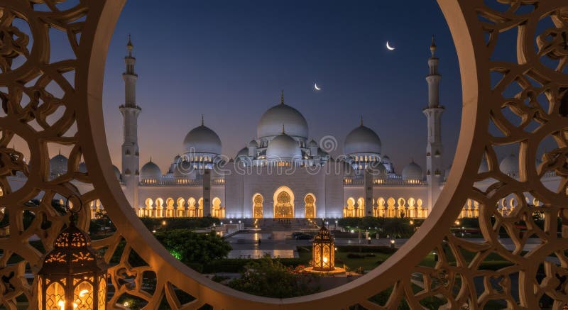 Grand Mosque at Night Framed by Intricate Islamic Design Elements Stock ...