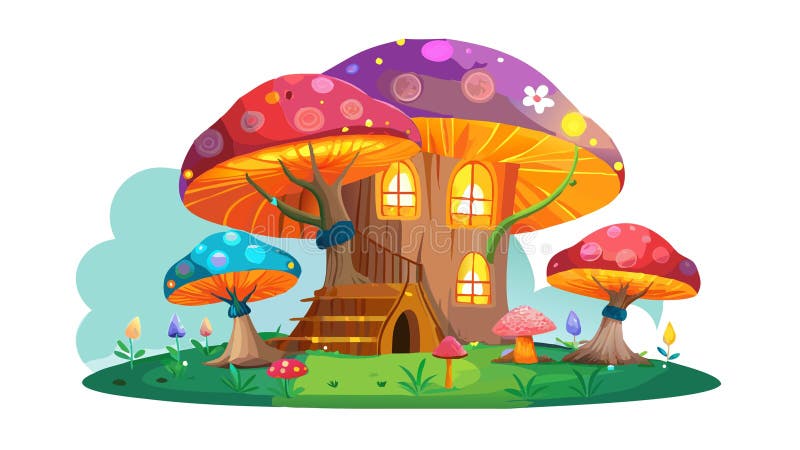 Grand Mushroom House Surrounded by Vibrant Toadstools, Magical Forest ...