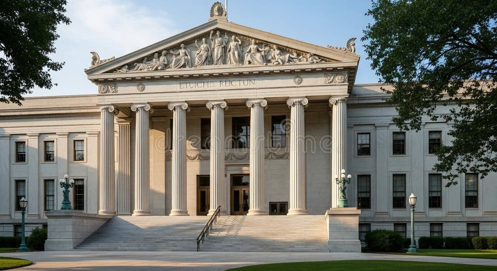 Grand Neo-Classical Courthouse with Ionic Columns, Sculptures, and a ...