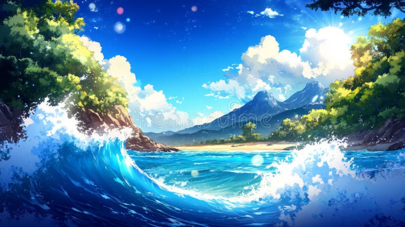 The Grand Ocean Waves Break on the Sandy Shore Beneath a Clear Blue Sky ...