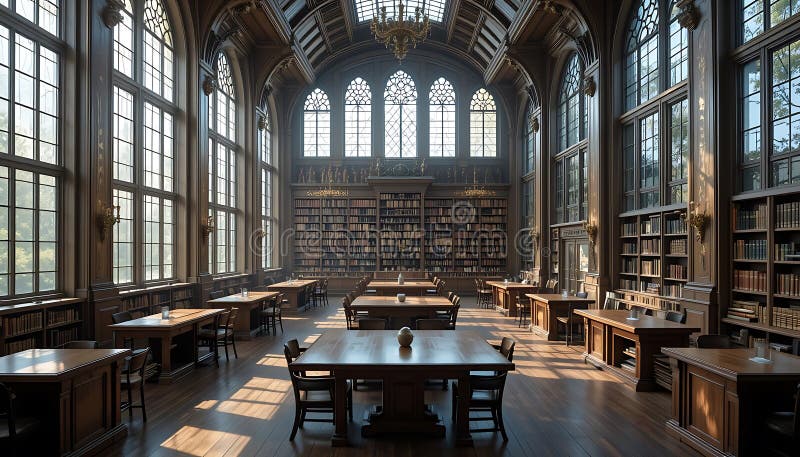 Grand Old Library Reading Room with Sunlight Streaming through Tall ...