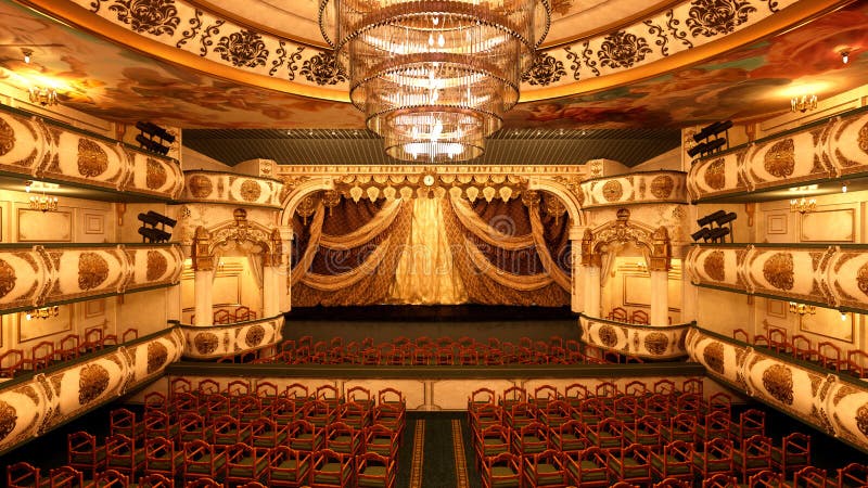 Grand Old Opera House Theatre Interior with Empty Stage and Seats. 3D ...