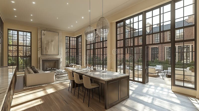 Grand Open-plan Kitchen/living Area with Expansive Patio Views Stock Photo - Image of windows ...